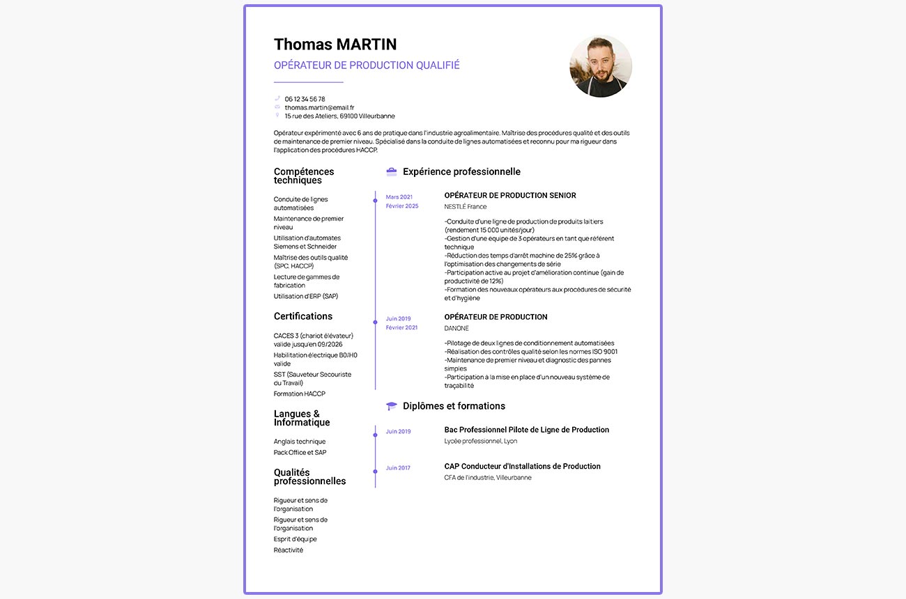 CV d'opérateur de production : guide complet + modèle