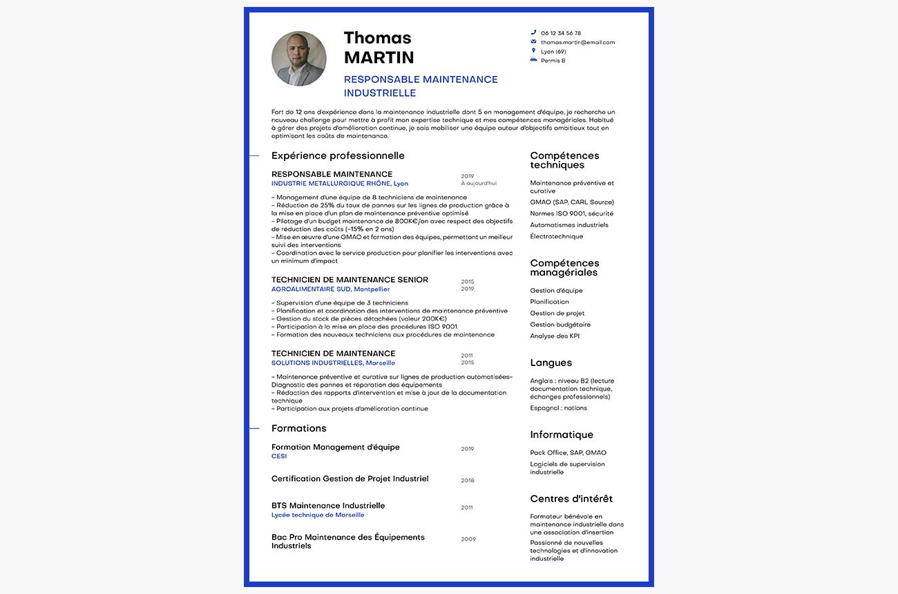 Modèle de CV responsable maintenance à personnaliser